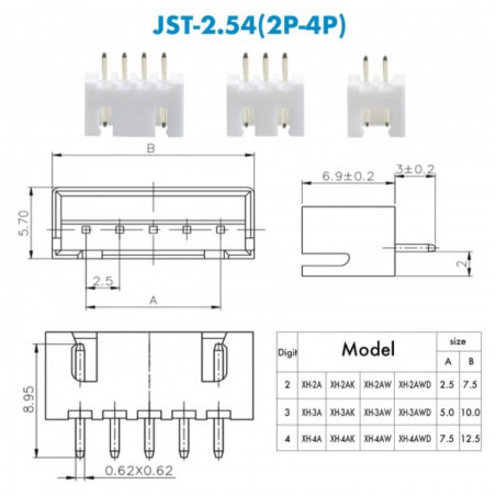 JST XH 2.54mm 2-Pin PCB Mount Straight